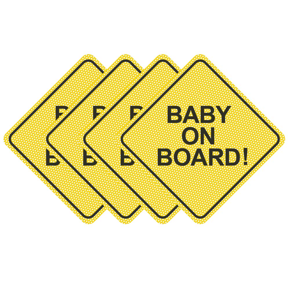 Baby on Board Sticker for Cars (4 PCS) 5" by 5". Baby on Board Sign Decal.See-Through When Reversing and Bright Yellow No Need for Suction Cup or Magnets - Strong Adhesive