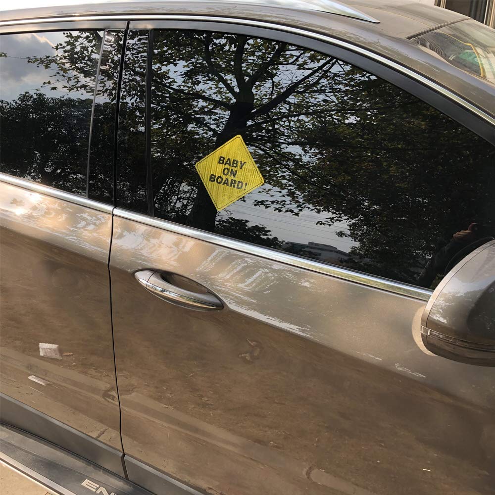 Baby on Board Sticker for Cars (4 PCS) 5" by 5". Baby on Board Sign Decal.See-Through When Reversing and Bright Yellow No Need for Suction Cup or Magnets - Strong Adhesive