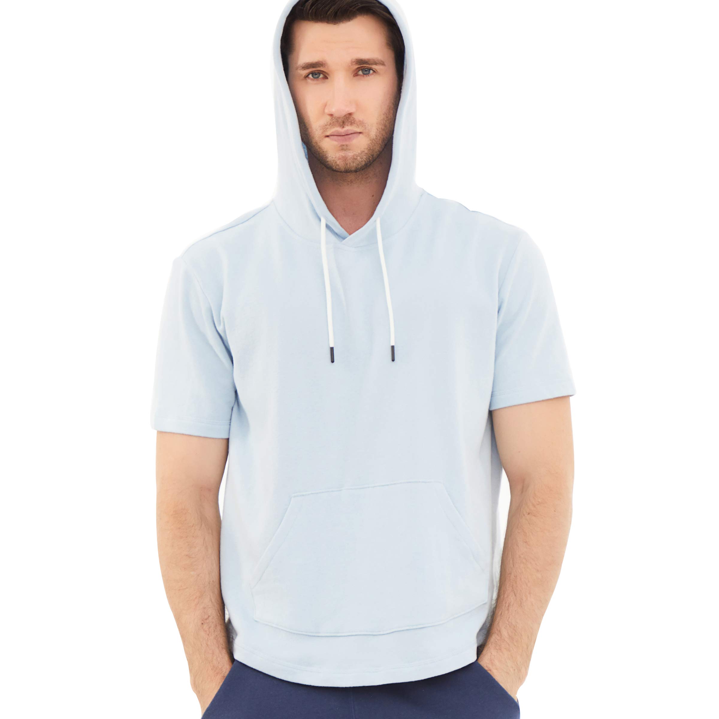 Dubinik®Short Sleeve Hoodie Lightweight Soft Cotton Moisture Wicking Kangaroo Pocket Short Sleeve Hoodie For Men Ice Blue