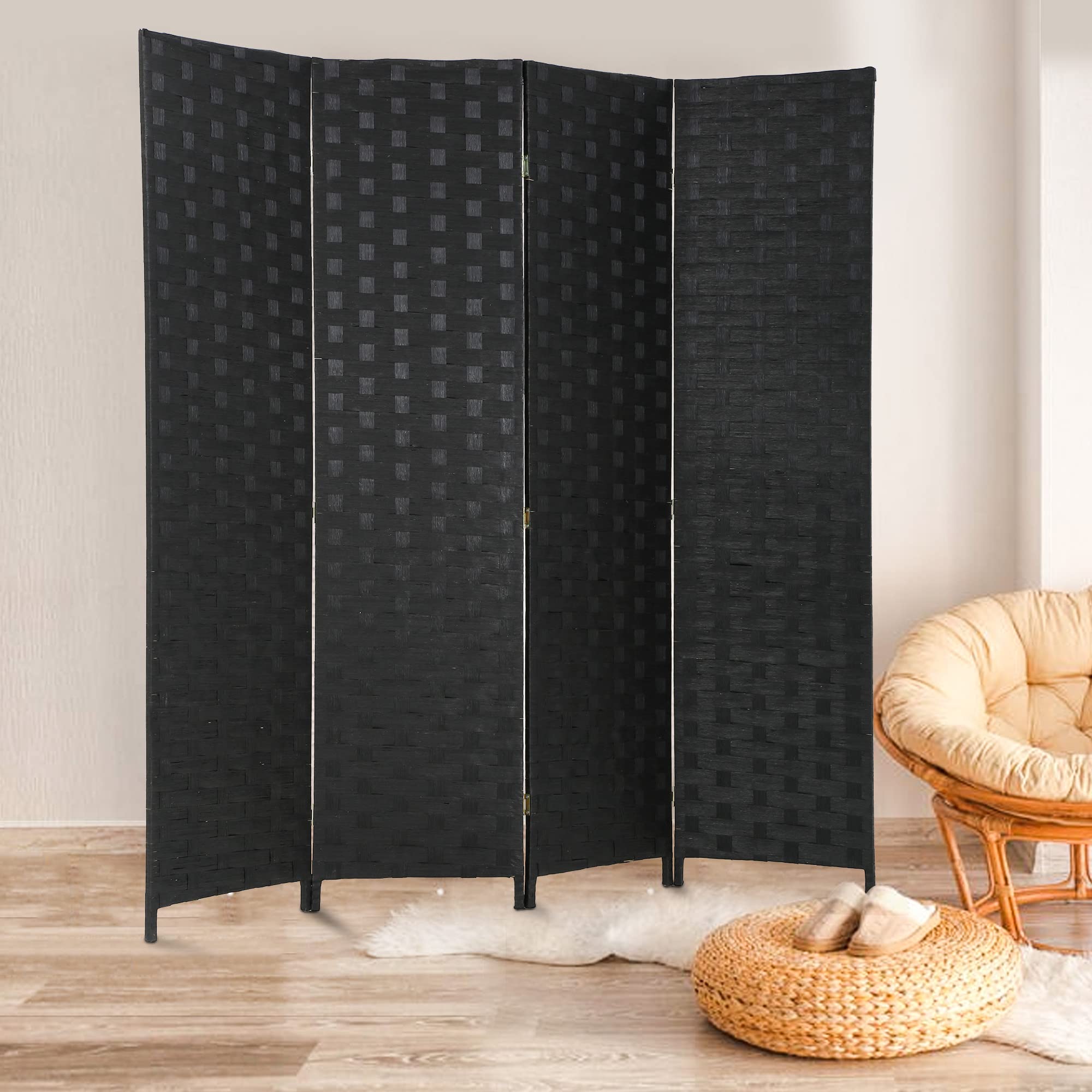 Her Majesty Room Divider Wood Screen 4 Panel Divider Wood Folding Portable Partition Indoor Furniture Screen Partition Frame Home Decor Mesh Woven Design Room for Home Office, Black