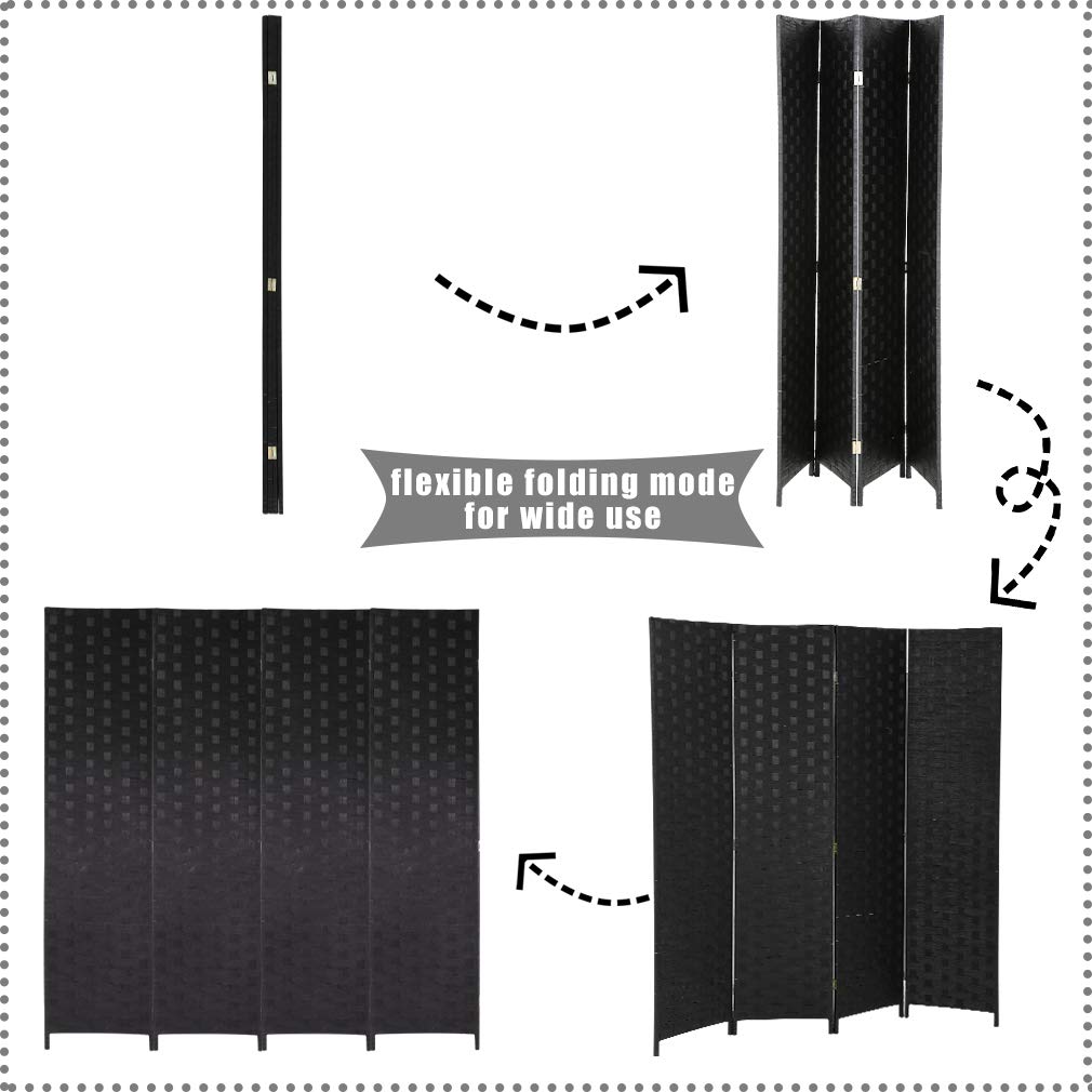 Her Majesty Room Divider Wood Screen 4 Panel Divider Wood Folding Portable Partition Indoor Furniture Screen Partition Frame Home Decor Mesh Woven Design Room for Home Office, Black