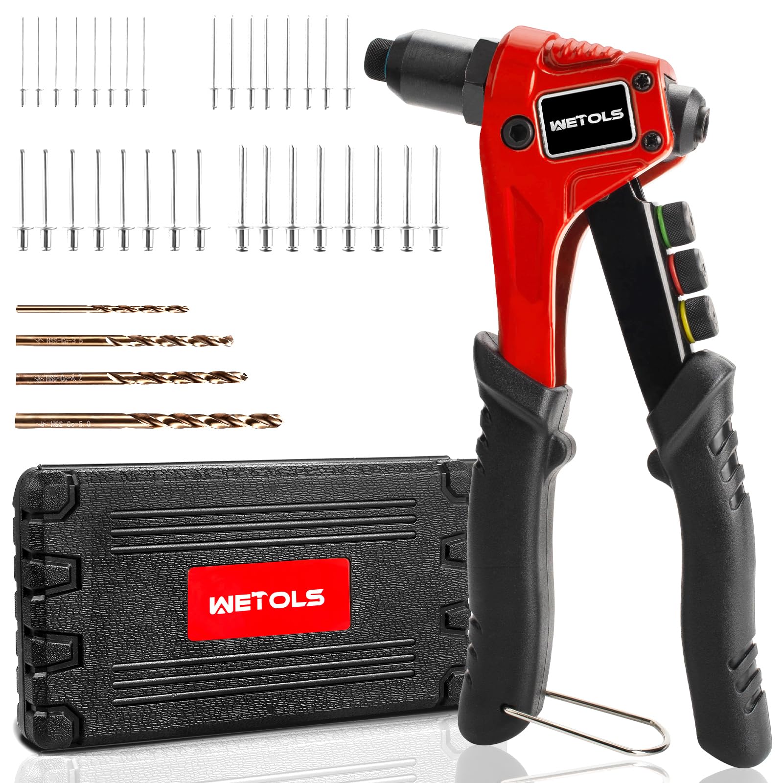 WETOLS Rivet Gun Kit with 200 Blind Rivets(04/07/2024 Upgraded) Pop Rivet Gun Kit with 4 Interchangeable Rivet Heads and 4 Drill Bits, Manual Single Hand Riveter with Sturdy BMC Carrying Case