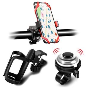 kithelp 3 pack bike water bottle holder, silicone phone holder secure, aluminum bike bell, 360° cu