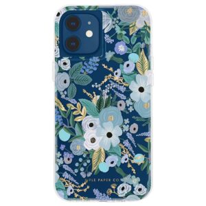 rifle paper co - case for iphone 12 mini (5g) - 10 ft drop protection - gold foil elements - 5.4 inch - garden party blue