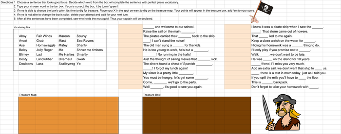 Pirate Vocabulary Treasure Hunt Digital Game for Distance Learning-Excel Version