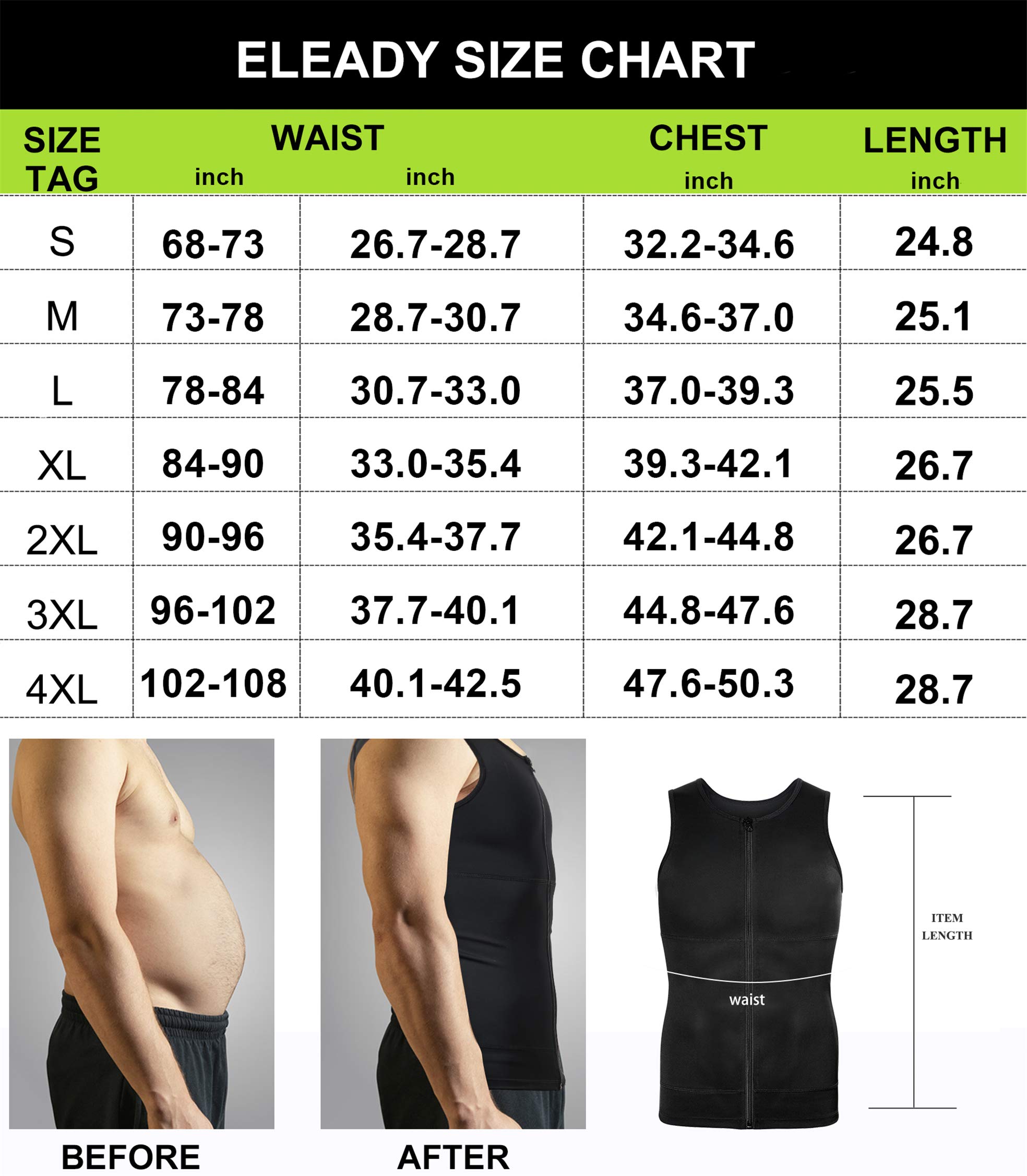 Eleady Men's Compression Shirt Undershirt Slimming Body Shaper Athletic Workout Shirts Tank Top Sport Vest with Zipper (Black, Large)