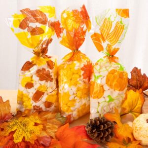 Whaline 150 Pcs Fall Cellophane Bags Maple Leaves Cello Bag 3 Styles Autumn Goodie Treat Bags with Gold Twist Tie Plastic Pumpkin Candy Gift Bag for Thanksgiving Halloween Party Favor Supplies