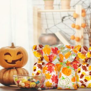 Whaline 150 Pcs Fall Cellophane Bags Maple Leaves Cello Bag 3 Styles Autumn Goodie Treat Bags with Gold Twist Tie Plastic Pumpkin Candy Gift Bag for Thanksgiving Halloween Party Favor Supplies