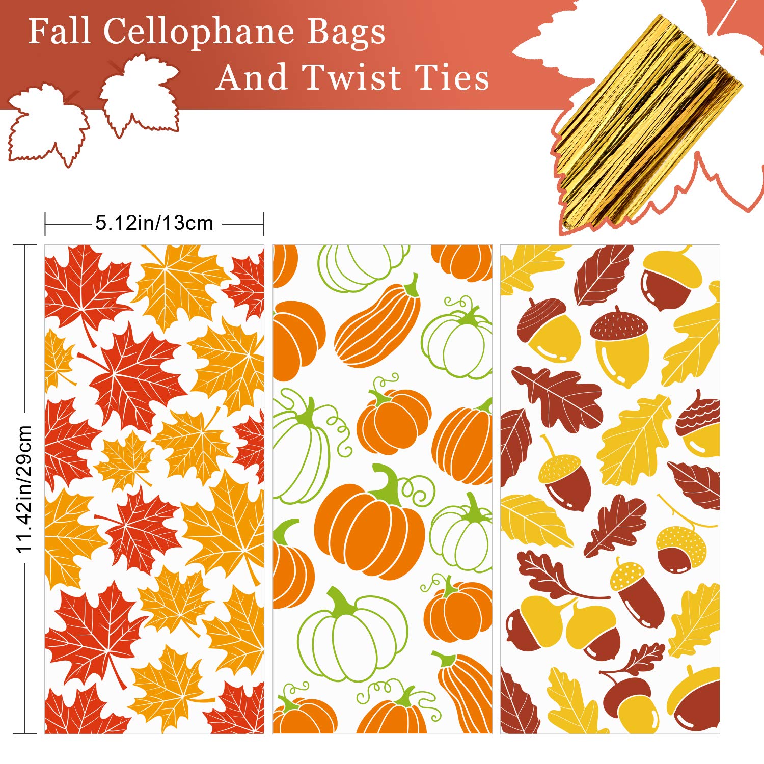 Whaline 150 Pcs Fall Cellophane Bags Maple Leaves Cello Bag 3 Styles Autumn Goodie Treat Bags with Gold Twist Tie Plastic Pumpkin Candy Gift Bag for Thanksgiving Halloween Party Favor Supplies