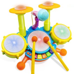 drum set for kids with 2 drum sticks and microphone, musical toys gift for toddlers… (green)