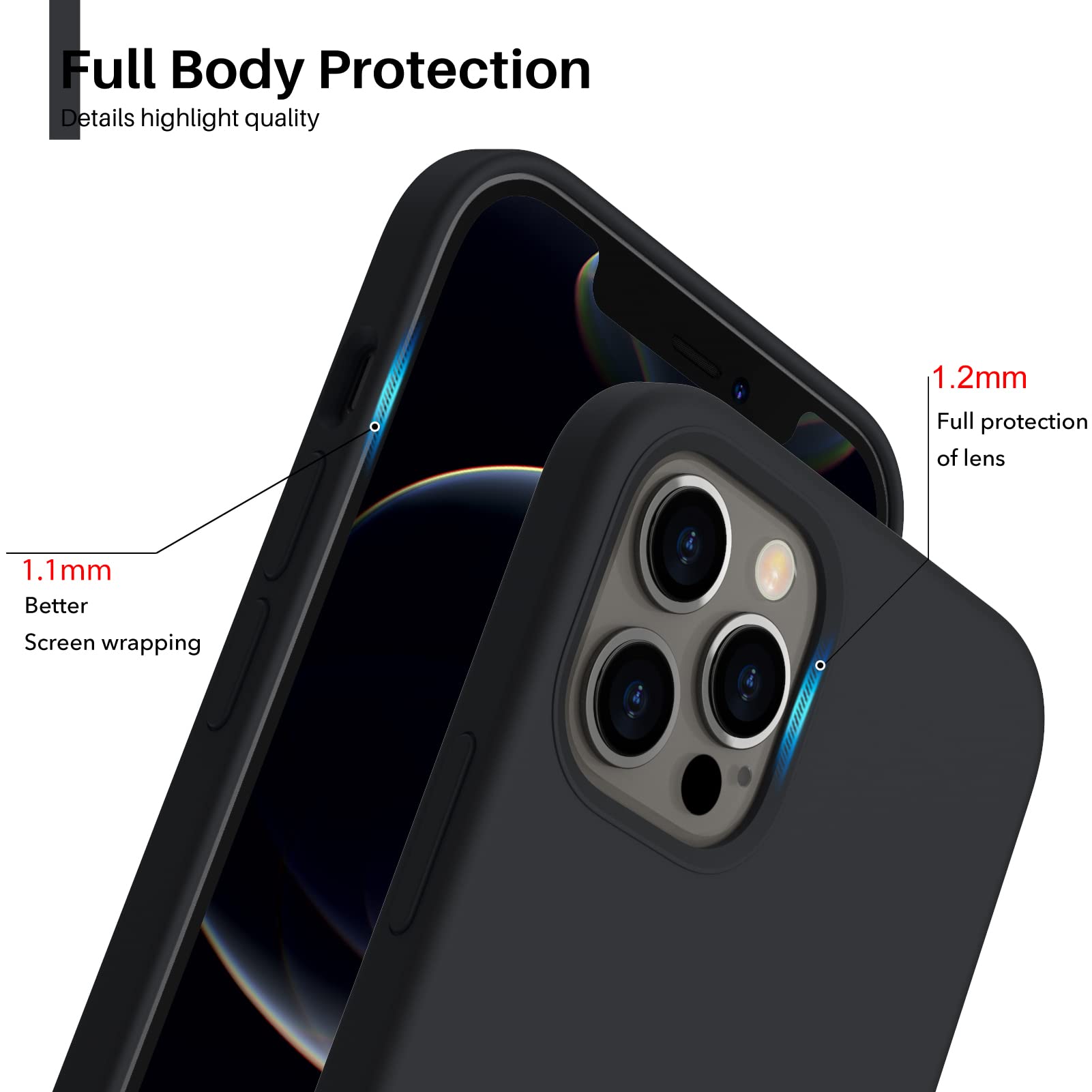 ORNARTO Compatible with iPhone 12 Case, Compatible with iPhone 12 Pro Case, Slim Liquid Silicone 3 Layers Full Covered Soft Gel Rubber Phone Case Cover 6.1 inch-Black