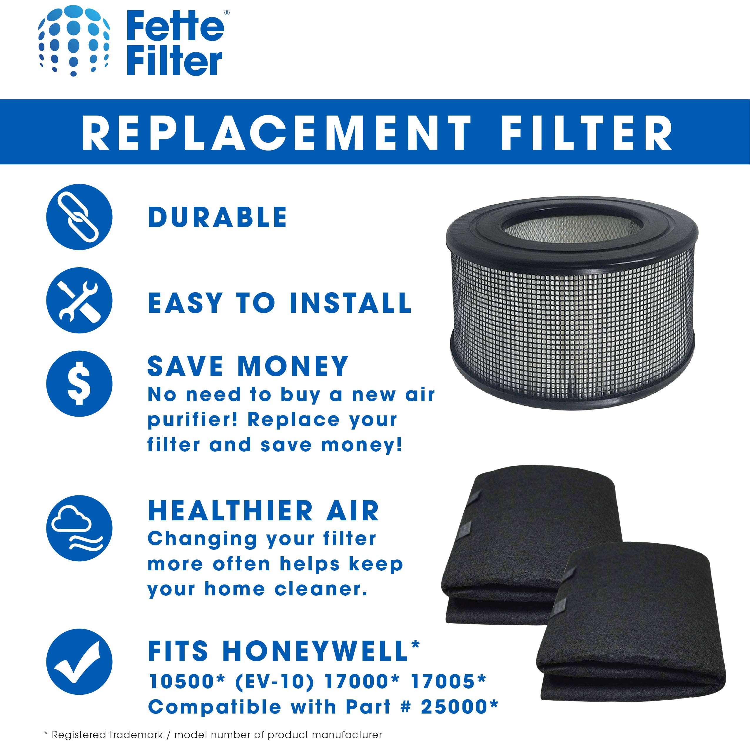 Fette Filter - Replacement 1 x HEPA Filter & 2 x Wrapping Carbon Pre-Filters Compatible with Honeywell 10500 (EV-10) 17000 17005 Part Number 20500. Combo Pack