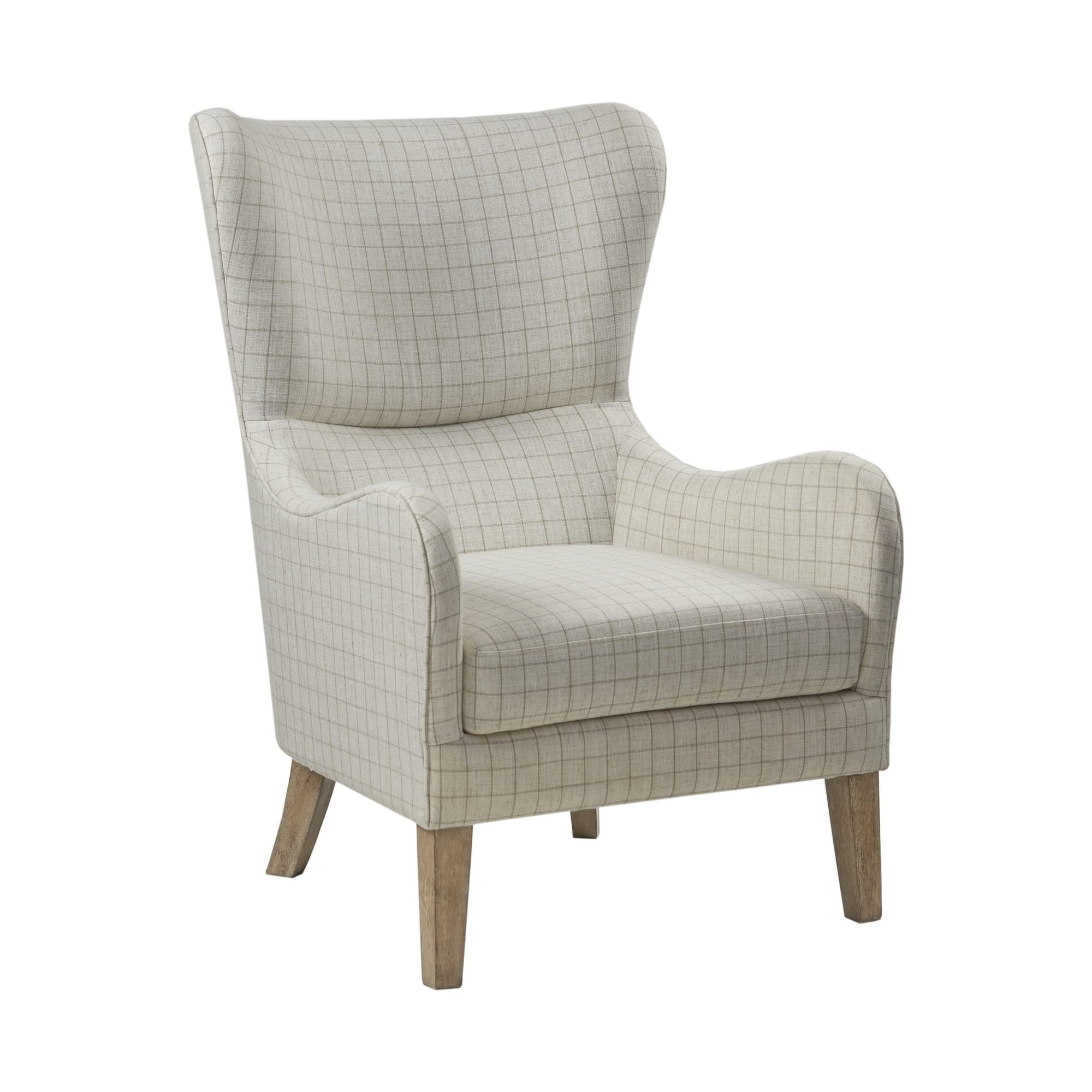 Madison Park Arianna Upholstered High Wingback Accent Chair with Solid Wood Legs and Rounded Arms, Pipped, Chic Transitional, Plaid Fabric Padded Cushion Seat Bedroom Lounge Comfy for Reading, Linen