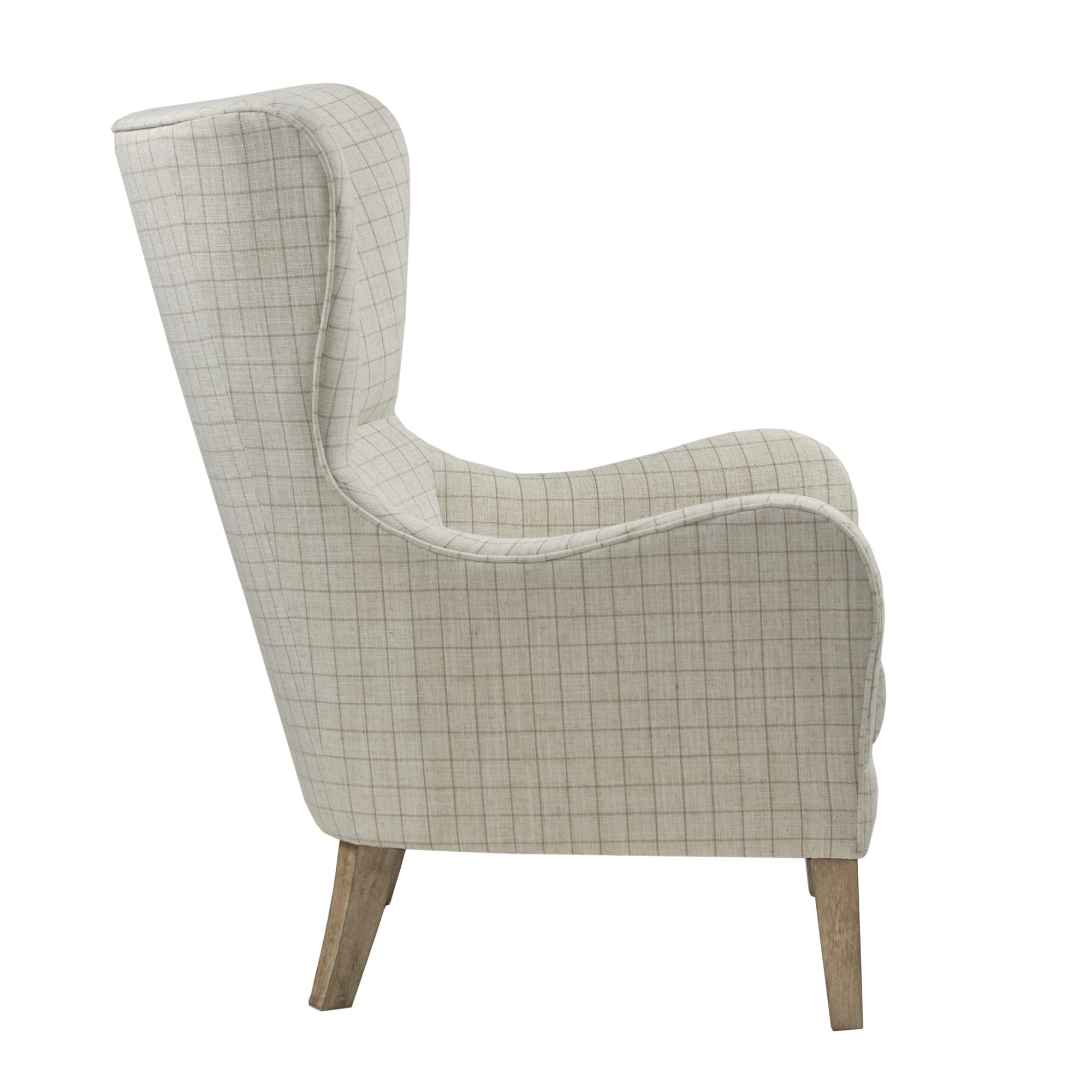 Madison Park Arianna Upholstered High Wingback Accent Chair with Solid Wood Legs and Rounded Arms, Pipped, Chic Transitional, Plaid Fabric Padded Cushion Seat Bedroom Lounge Comfy for Reading, Linen