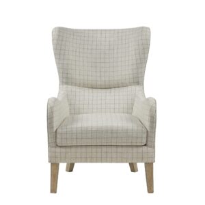 Madison Park Arianna Upholstered High Wingback Accent Chair with Solid Wood Legs and Rounded Arms, Pipped, Chic Transitional, Plaid Fabric Padded Cushion Seat Bedroom Lounge Comfy for Reading, Linen