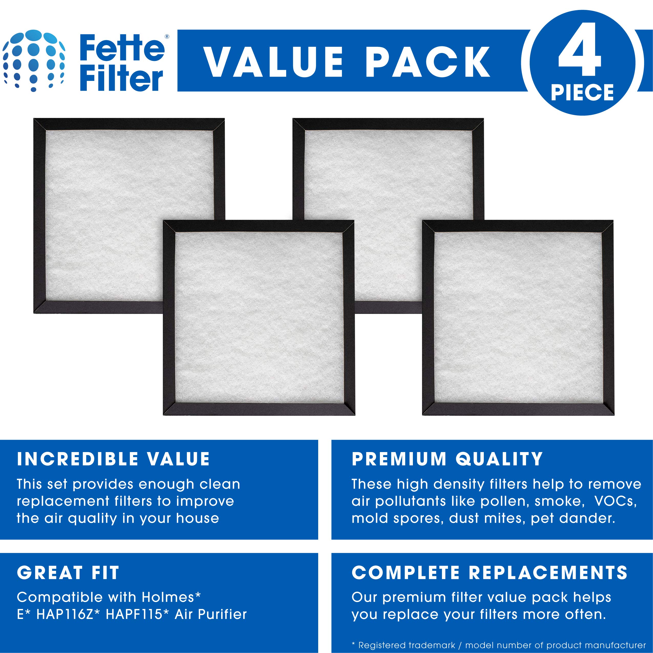 Fette Filter -Replacement Filters Compatible with Holmes Filter E Activated Carbon & Multi Layer Replacement Filter, Compatible with Holmes E HAP116Z, HAPF115 Air Purifier Models - Pack of 4