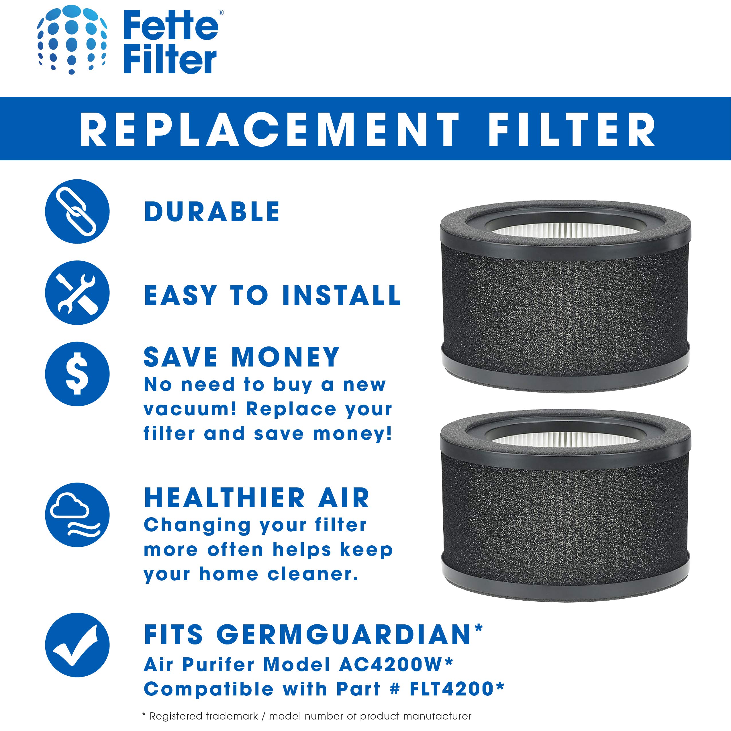 Fette Filter -Pack of 2 Replacement Air Purifier True HEPA Filters with Pre Filter Layer Compatible with Germ Guardian FLT4200 Filter L for GermGuardian Air Purifer Model AC4200W