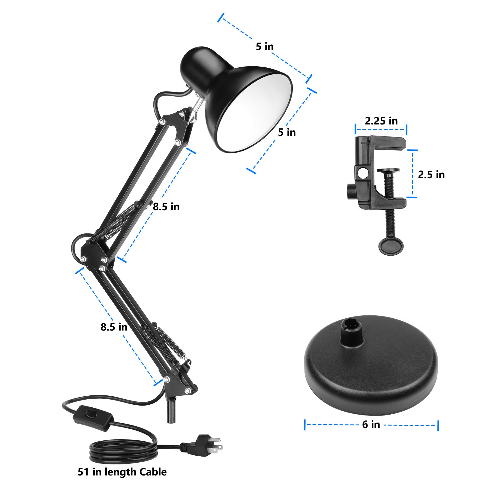 AmeriTop Metal Desk Lamp, Black, Adjustable Arm, 18" Extension, UL-Listed