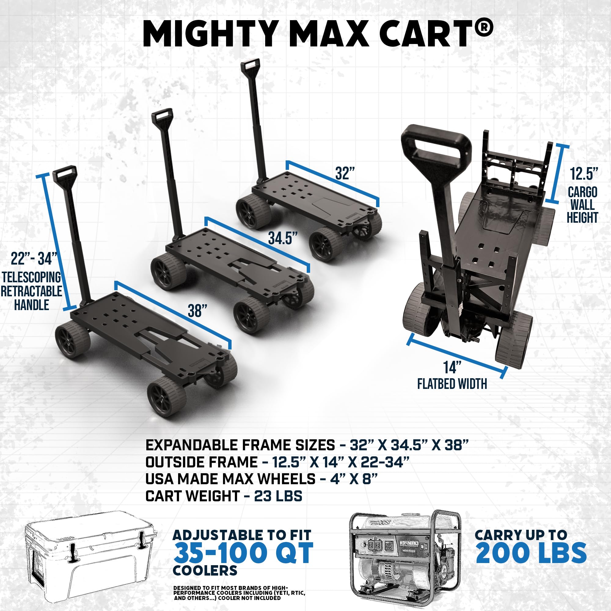 Mighty Max Cart | Collapsible Outdoor Utility Wagon - Heavy-Duty Moving Dolly 250 lb Capacity - Silver 2.5 cu.ft Poly Tub | Made in The USA