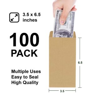 Money Envelopes, 100 Pack Kraft Cash Envelopes, Small Parts Envelopes with Gummed Seal, 3.5 x 6.5 Inches