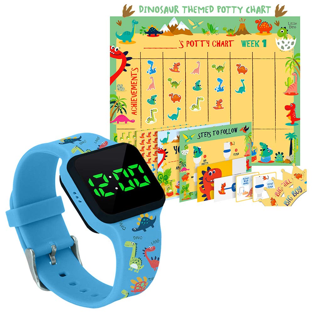 ATHENA FUTURES Potty Training Timer Watch with Flashing Lights and Music Tones and Potty Training Chart for Toddlers - Dinosaur Design