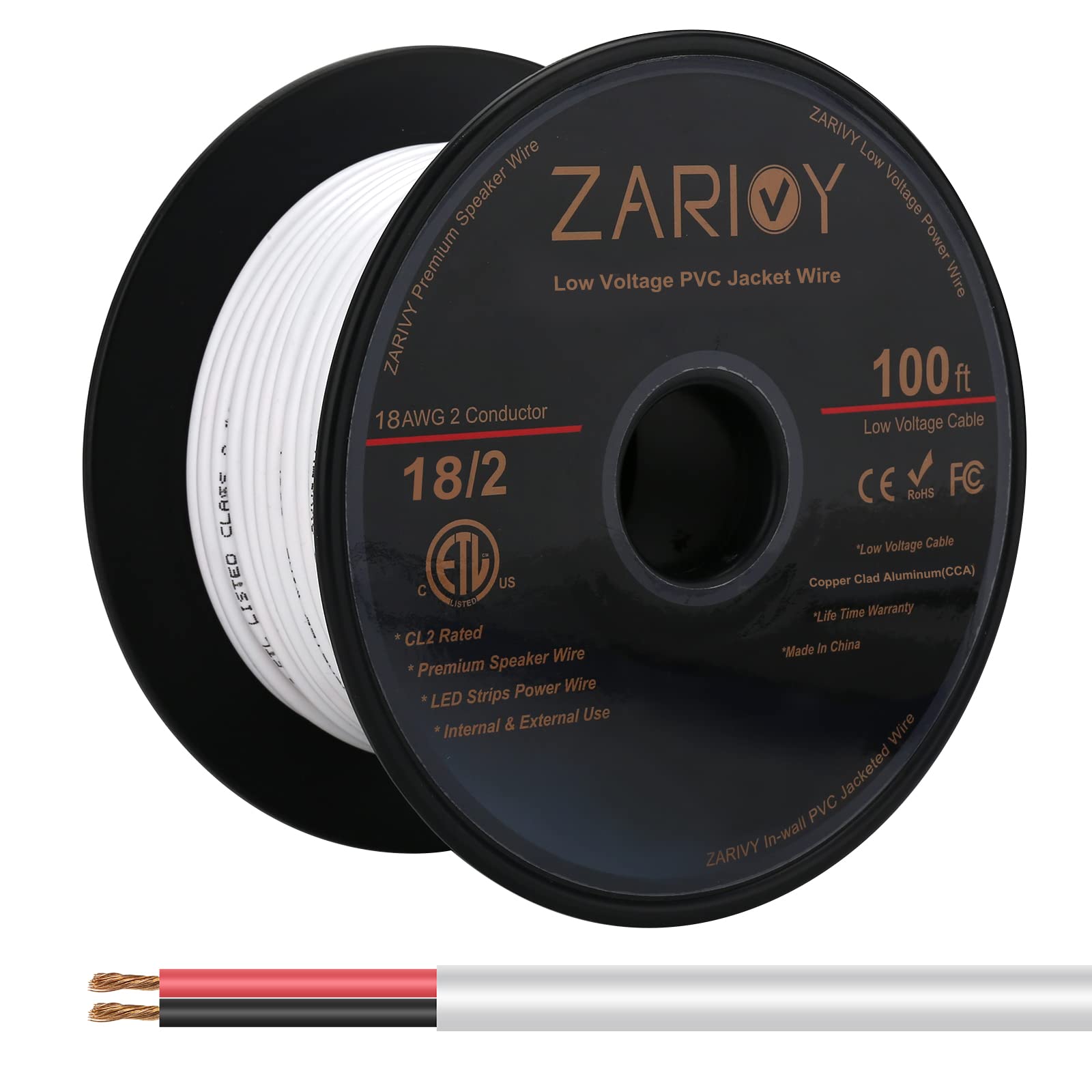 Zarivy 100 Feet 18 Gauge 2 Conductors Red Black Wire with Fire Resistant CL2 White Jacket, 18AWG Hookup Electrical Wire LED Strips Extension Cord Cable for LED Ribbon Lamp Tape Lighting