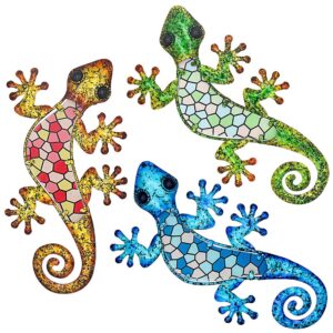 maansfy gecko wall decor outdoor 3 pack metal lizard art decorative garden sculptures statues for home, bedroom, living room, pool