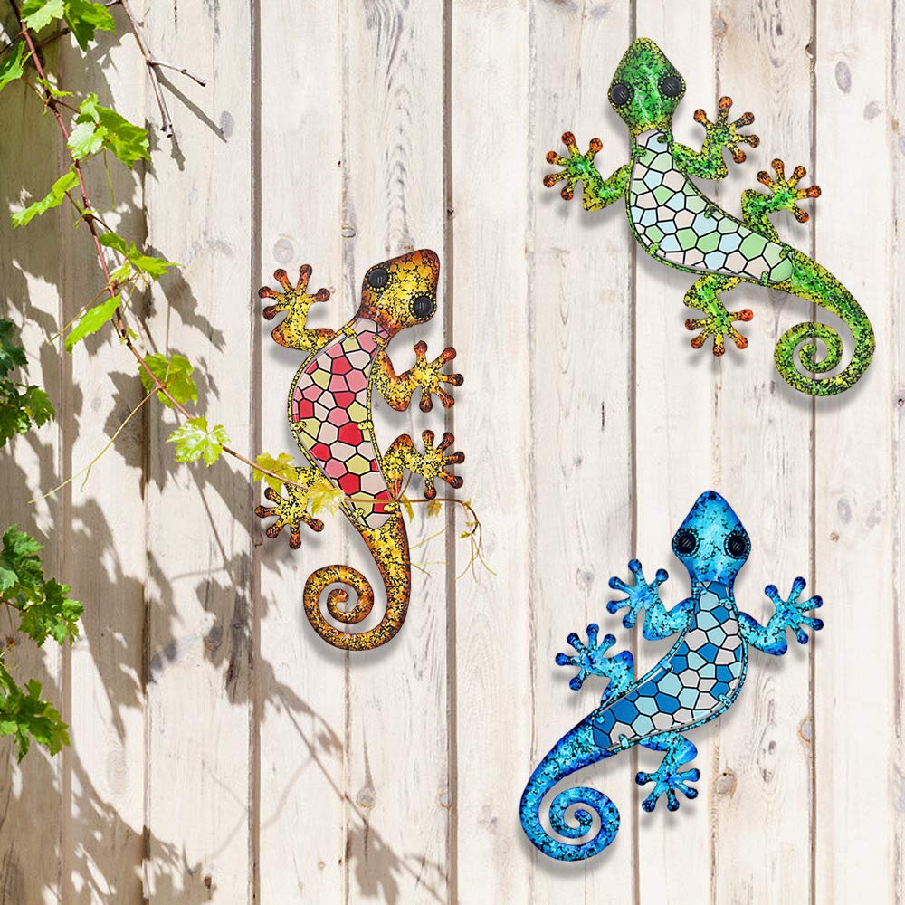 Maansfy Gecko Wall Decor Outdoor 3 Pack Metal Lizard Art Decorative Garden Sculptures Statues for Home, Bedroom, Living Room, Pool