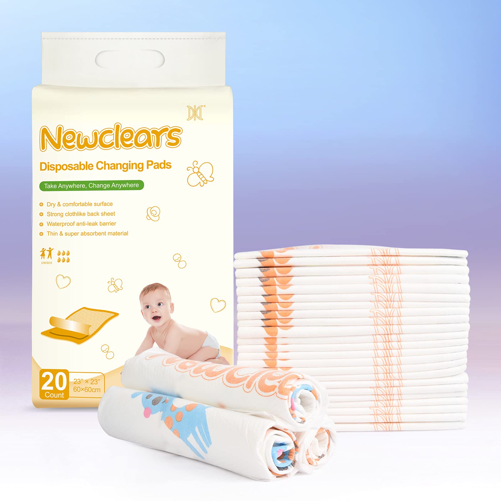 Newclears Baby Disposable Underpads Breathable Incontinence Diaper Changing Pads, 20 Count/Pack (23''x23'' - 2pack(40 Count))