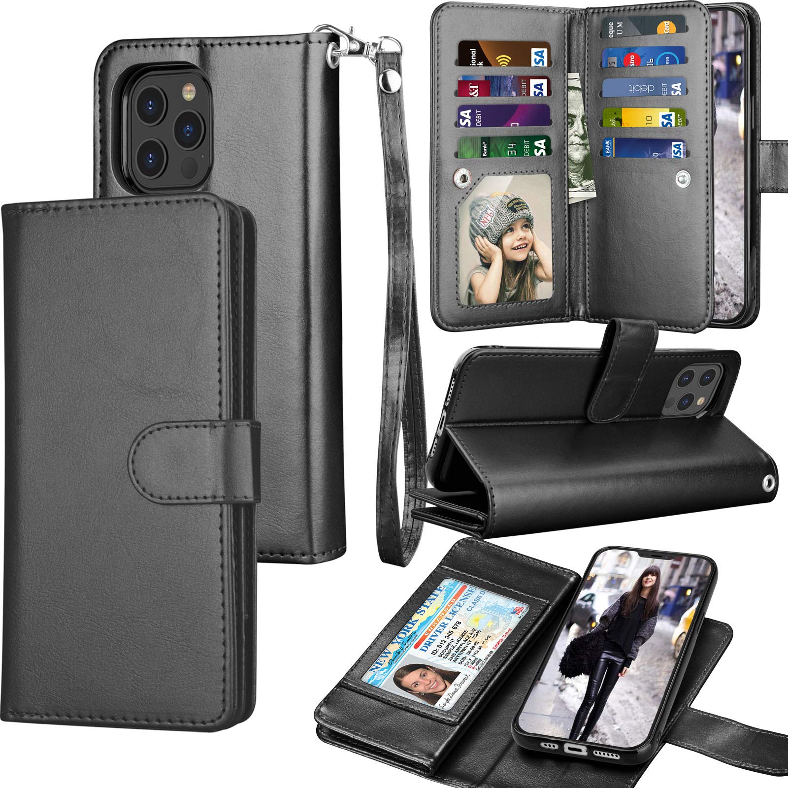 Tekcoo Wallet Case for iPhone 12 Pro Max (6.7 inch) 2020 Luxury ID Cash Credit Card Slots Holder Carrying Pouch Folio Flip PU Leather Cover [Detachable Magnetic Hard Case] Lanyard - Black