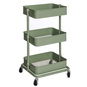 songmics 3-tier metal rolling cart, utility cart, kitchen cart with adjustable shelves, storage trolley with 2 brakes, easy assembly, for kitchen, office, bathroom, sage green ubsc060c01