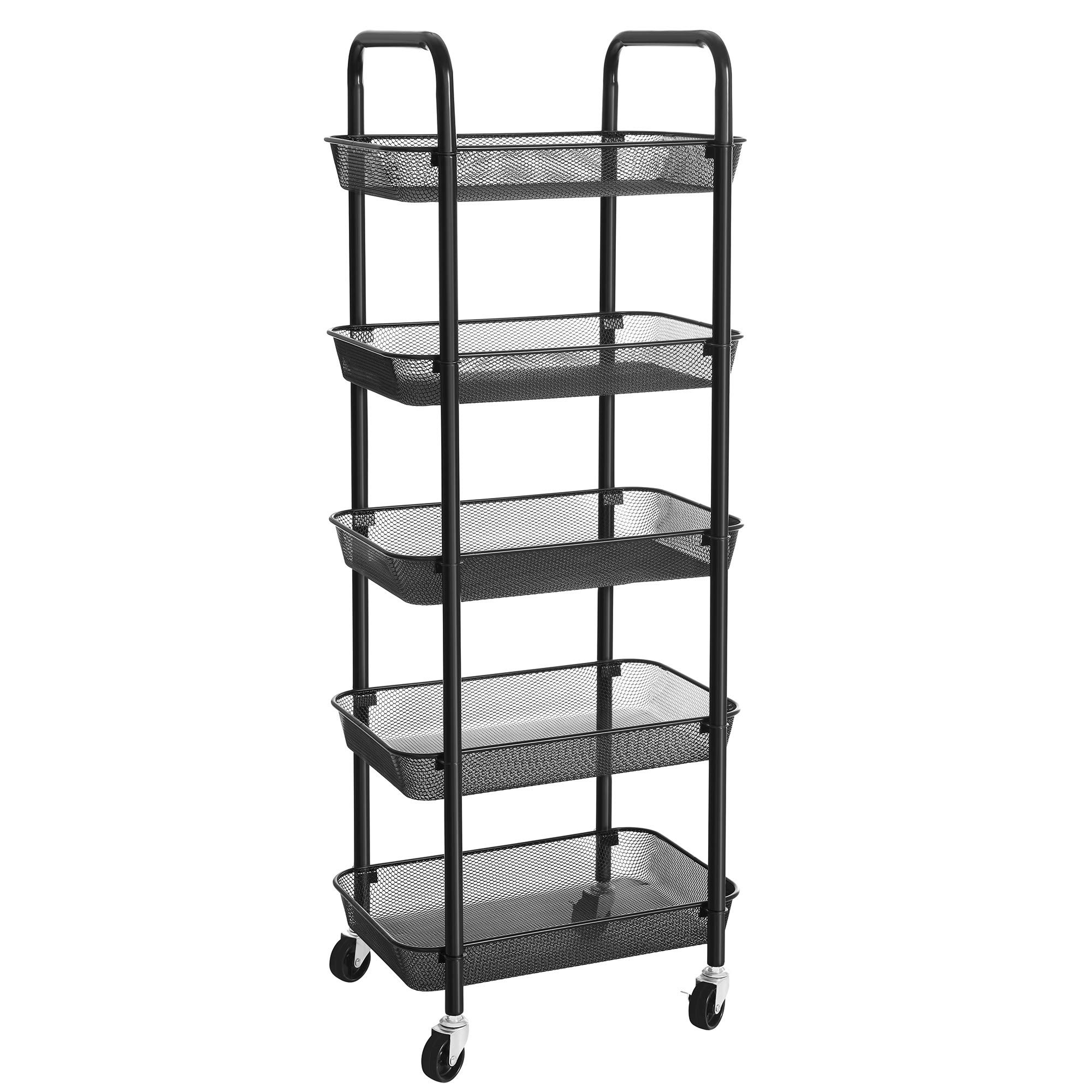 SONGMICS Rolling Cart, 5-Tier Metal Storage Cart, Kitchen Storage Trolley with 2 Brakes, Utility Cart with Handles, Easy Assembly, for Bathroom, Kitchen, Office, Black UBSC063B01