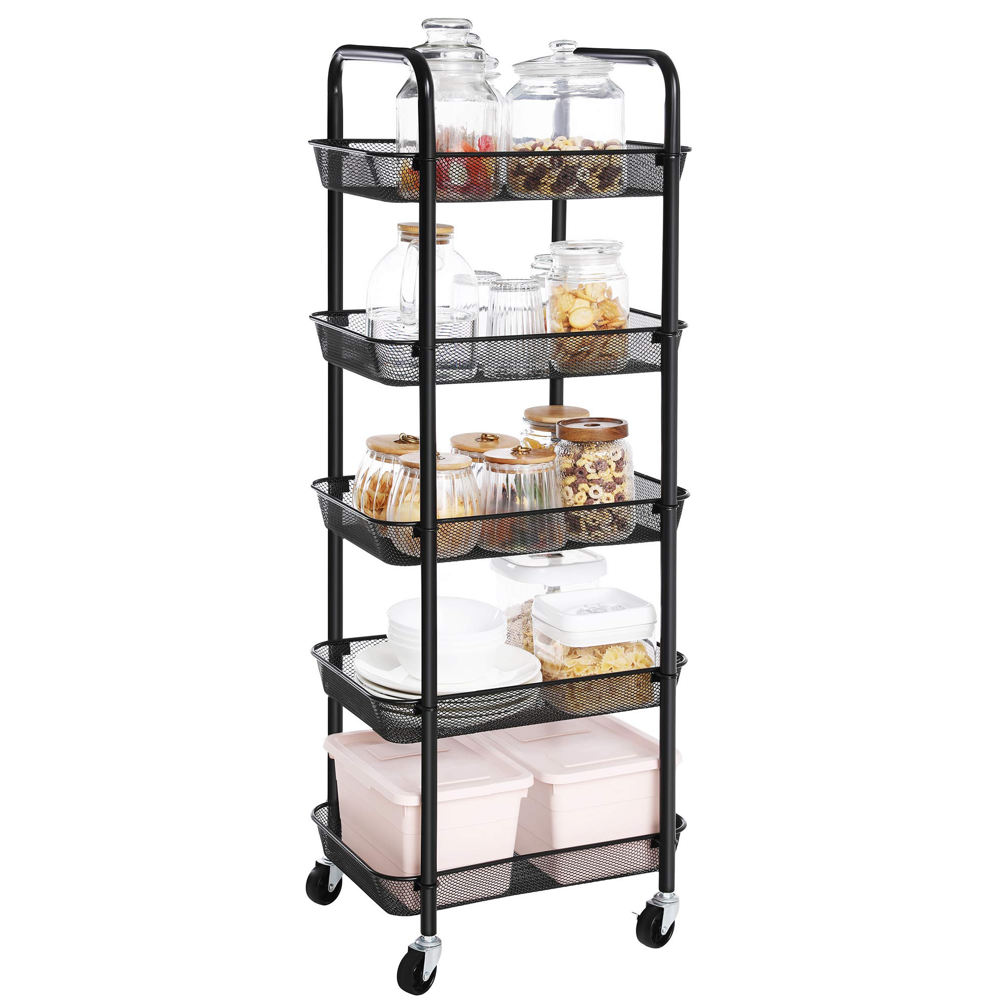 SONGMICS Rolling Cart, 5-Tier Metal Storage Cart, Kitchen Storage Trolley with 2 Brakes, Utility Cart with Handles, Easy Assembly, for Bathroom, Kitchen, Office, Black UBSC063B01