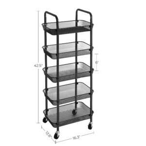 SONGMICS Rolling Cart, 5-Tier Metal Storage Cart, Kitchen Storage Trolley with 2 Brakes, Utility Cart with Handles, Easy Assembly, for Bathroom, Kitchen, Office, Black UBSC063B01