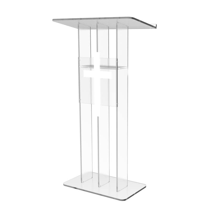 FixtureDisplays® Clear Podium Plexiglass Lecturn Transparent Church Pulpit with Christian Church White Cross Trinity Style Easy Assebmly Required 15411+1803CROSS-NF