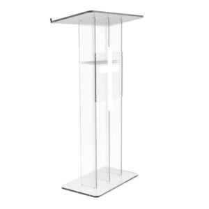 FixtureDisplays® Clear Podium Plexiglass Lecturn Transparent Church Pulpit with Christian Church White Cross Trinity Style Easy Assebmly Required 15411+1803CROSS-NF