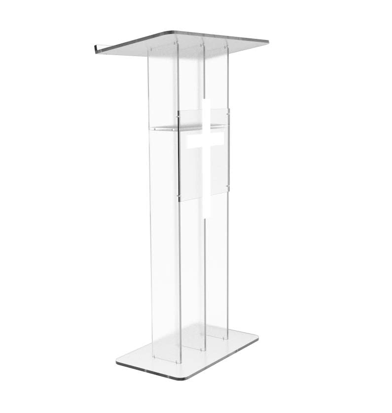 FixtureDisplays® Clear Podium Plexiglass Lecturn Transparent Church Pulpit with Christian Church White Cross Trinity Style Easy Assebmly Required 15411+1803CROSS-NF