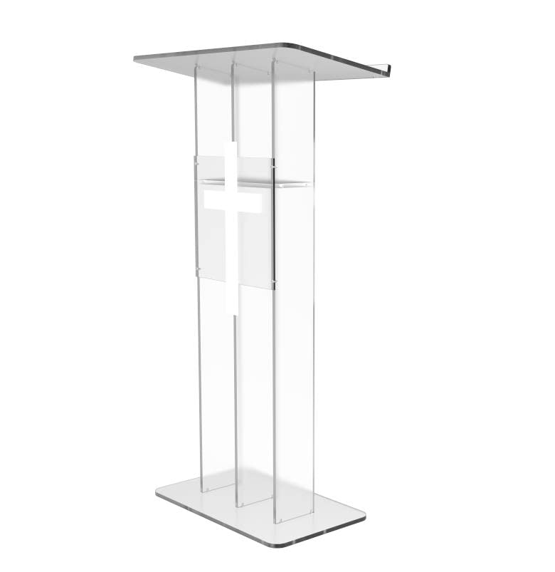 FixtureDisplays® Clear Podium Plexiglass Lecturn Transparent Church Pulpit with Christian Church White Cross Trinity Style Easy Assebmly Required 15411+1803CROSS-NF