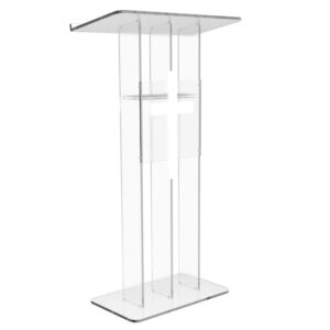 FixtureDisplays® Clear Podium Plexiglass Lecturn Transparent Church Pulpit with Christian Church White Cross Trinity Style Easy Assebmly Required 15411+1803CROSS-NF