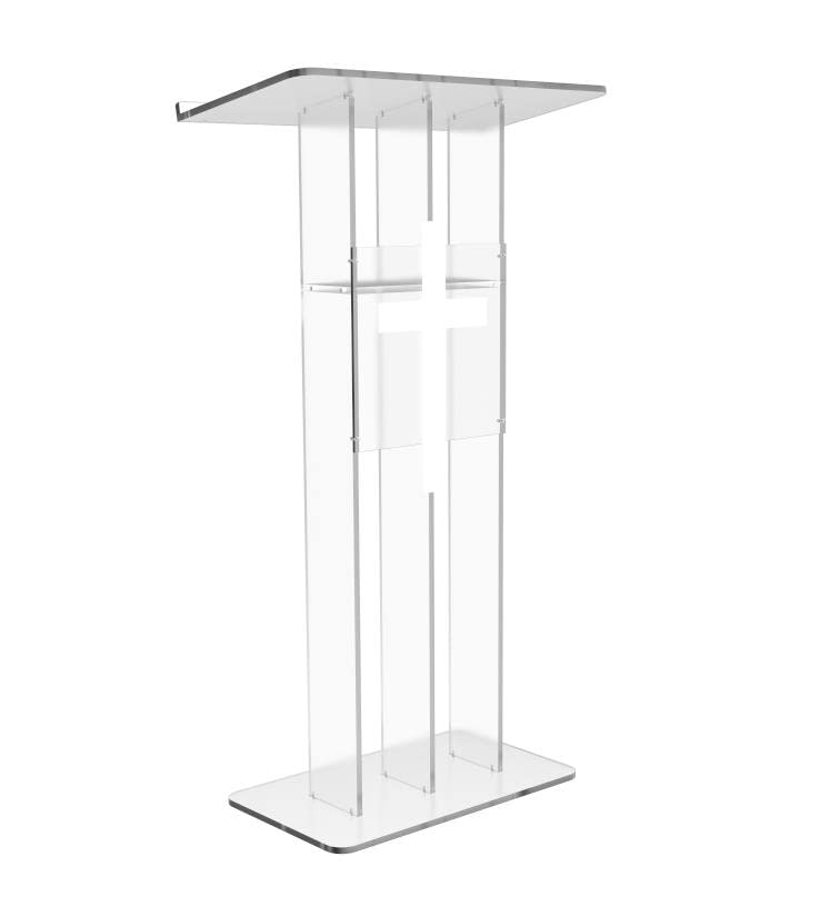 FixtureDisplays® Clear Podium Plexiglass Lecturn Transparent Church Pulpit with Christian Church White Cross Trinity Style Easy Assebmly Required 15411+1803CROSS-NF