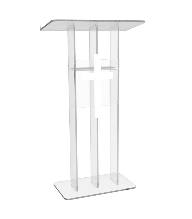 FixtureDisplays® Clear Podium Plexiglass Lecturn Transparent Church Pulpit with Christian Church White Cross Trinity Style Easy Assebmly Required 15411+1803CROSS-NF