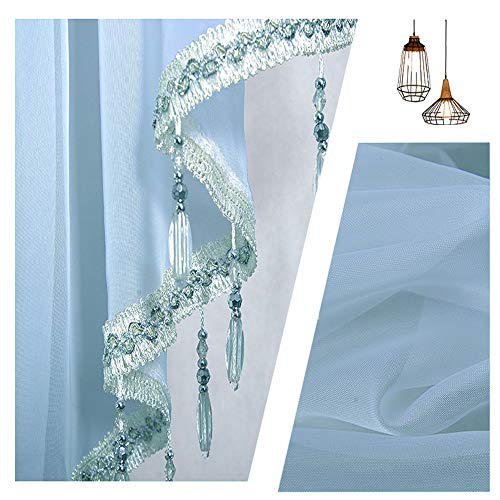 White Sheer Tulle Beaded Valance Curtains 2 Pieces Kitchen Cafe Rod Pocket Swag Window Curtain Valances with Bead Trim for Bedroom Bathroom Nursery Living Room, 51 x 24 Inch Length (Blue)