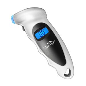 justtop digital tire pressure gauge, 150psi 4 setting for cars, trucks and bicycles, backlit lcd and anti-skid grip for easy and accurate reading(silver)