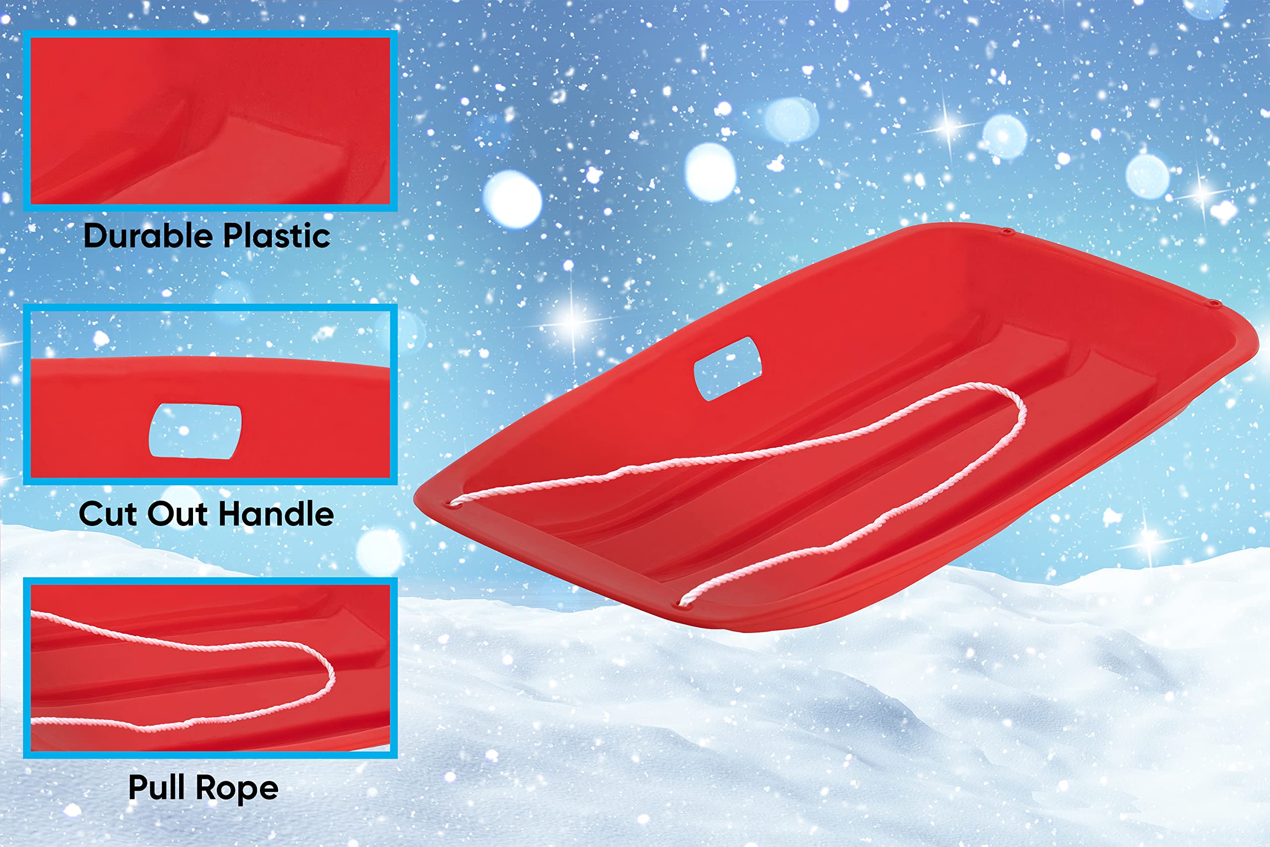 Superio Toboggan Snow Sleds for Kids and Adults, 35" Long (2 Pack) Plastic Sled with 2 Handles and a Pull Rope, Winter Snow Fun(Red)