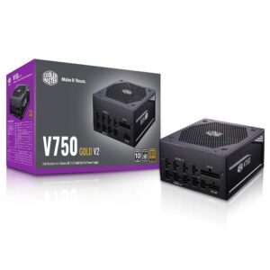 cooler master v750 gold v2 full modular,750w, 80+ gold efficiency, semi-fanless operation, 16awg pcie high-efficiency cables, 10 year warranty