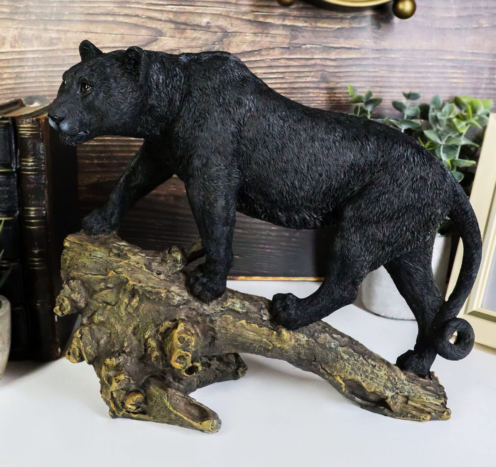 Ebros Gift Black Panther Cougar Climbing Weathered Tree Log Statue 10" Long Wildlife Black Jaguar Ghost Forest Hunter Sculpture Home Decorative Accent