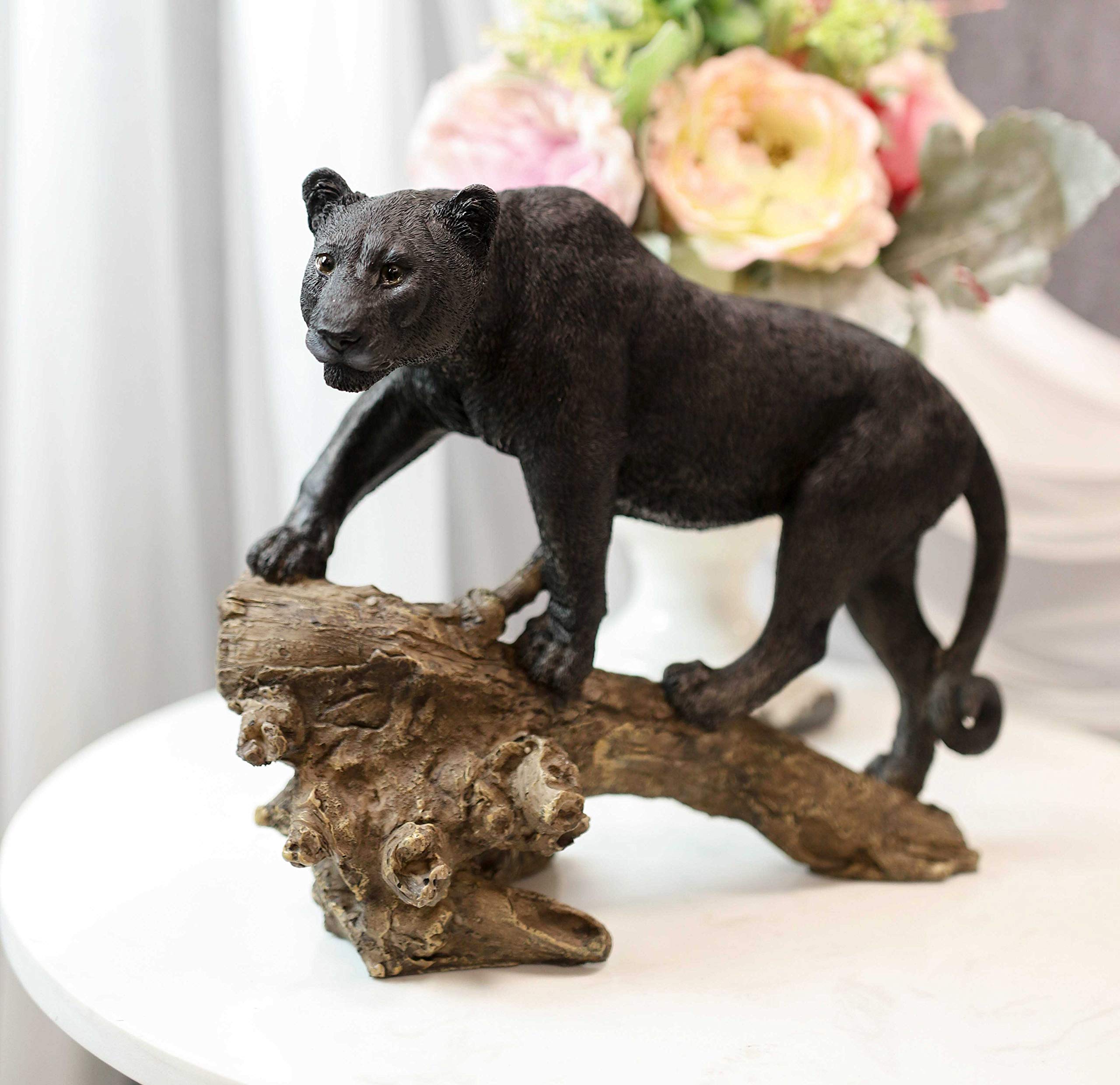 Ebros Gift Black Panther Cougar Climbing Weathered Tree Log Statue 10" Long Wildlife Black Jaguar Ghost Forest Hunter Sculpture Home Decorative Accent