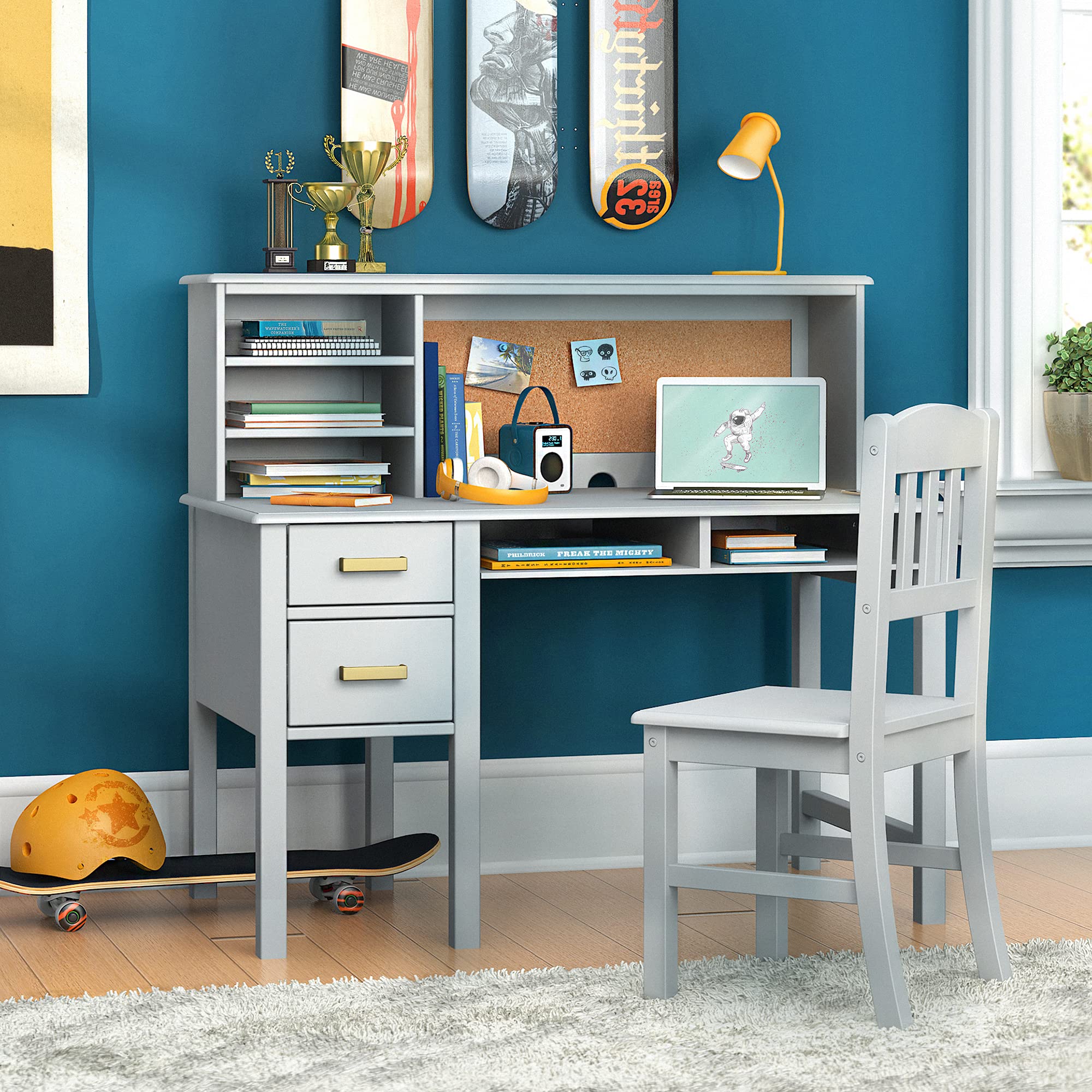 Guidecraft Taiga Desk, Hutch and Chair - Gray: Kids Wooden Computer Study Desk Set with Storage Shelves, Corkboard, and Drawers |Children's Bedroom Activity Table