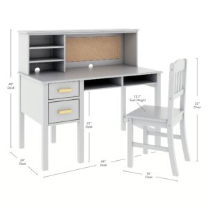 Guidecraft Taiga Desk, Hutch and Chair - Gray: Kids Wooden Computer Study Desk Set with Storage Shelves, Corkboard, and Drawers |Children's Bedroom Activity Table