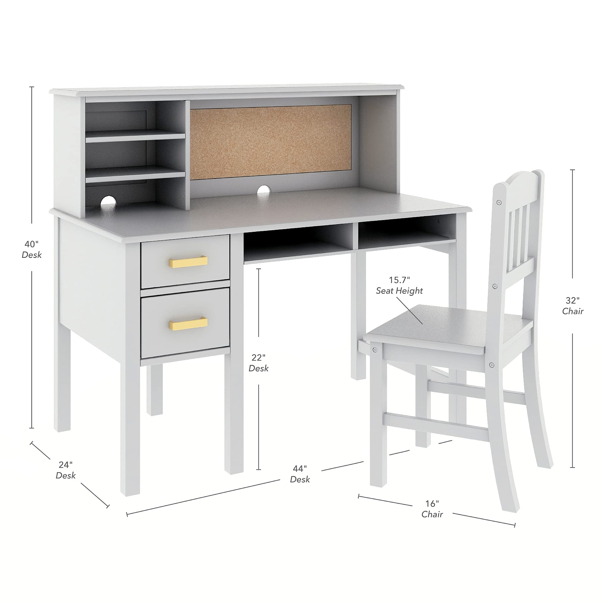 Guidecraft Taiga Desk, Hutch and Chair - Gray: Kids Wooden Computer Study Desk Set with Storage Shelves, Corkboard, and Drawers |Children's Bedroom Activity Table